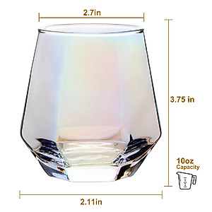 Ufrount Wine Glasses Set of 4,Iridescent Stemless Wine Glasses for Red and White Wine,Geometric 10oz Diamond Shaped Glass Cups for Whiskey,Cocktail,Bourbon,Juice,Water