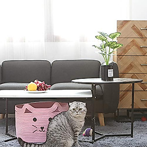 Sea Team Large Cotton Rope Storage Basket with Handles, Woven Storage Bin, Nursery Storage Box, Toys Clothes Organizer, Fabric Pet Storage Basket, Nest for Cat, Dog, 16.5 x 11.8 x 11 inches, Pink