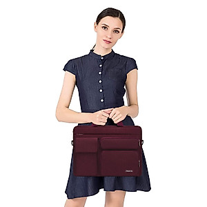MOSISO Laptop Shoulder Bag Compatible with MacBook Air 15 M3 M2 2024 2023/Pro 16 inch M4 M3 M2 M1,15-15.6 inch Notebook with 2 Raised&1 Flapover&1 Horizontal Pocket&Handle&Belt, Wine Red