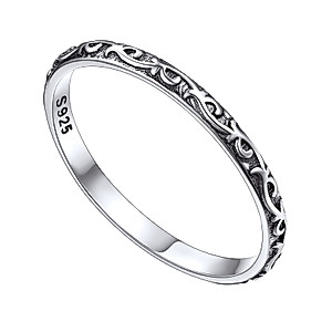 FOCALOOK 925 Sterling Silver Antique Vintage Engraved Vine Celtic Pattern Stacking Eternity Band Rings for Women Size 10