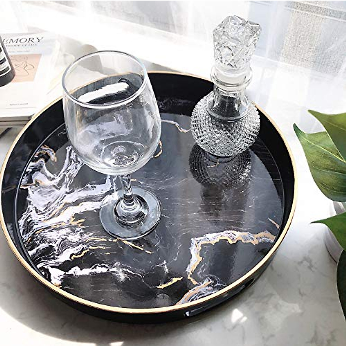 Zosenley Round Decorative Tray, Marbling Plastic Tray with Handles, Modern Vanity Tray and Serving Tray for Ottoman, Coffee Table, Kitchen and Bathroom, Size 13", Black