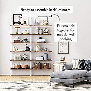 Nathan James Theo 6-Shelf Tall Bookcase, Wall Mount Bookshelf with Natural Wood Finish and Industrial Metal Frame, Rustic Oak/White