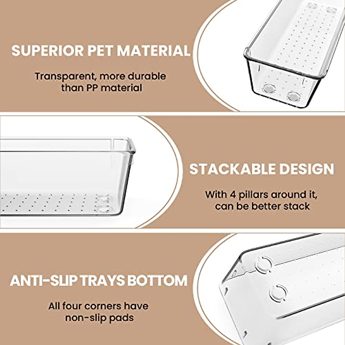 HAMOPY Drawer Organizer, 22 Pcs PET Drawer Organizer Set with Nonslip Silicone Pads, 4 Size Clear Drawer Organizer Trays Vanity Dividers Storage Bins for Makeup, Jewelry, Office, Bedroom and Bathroom