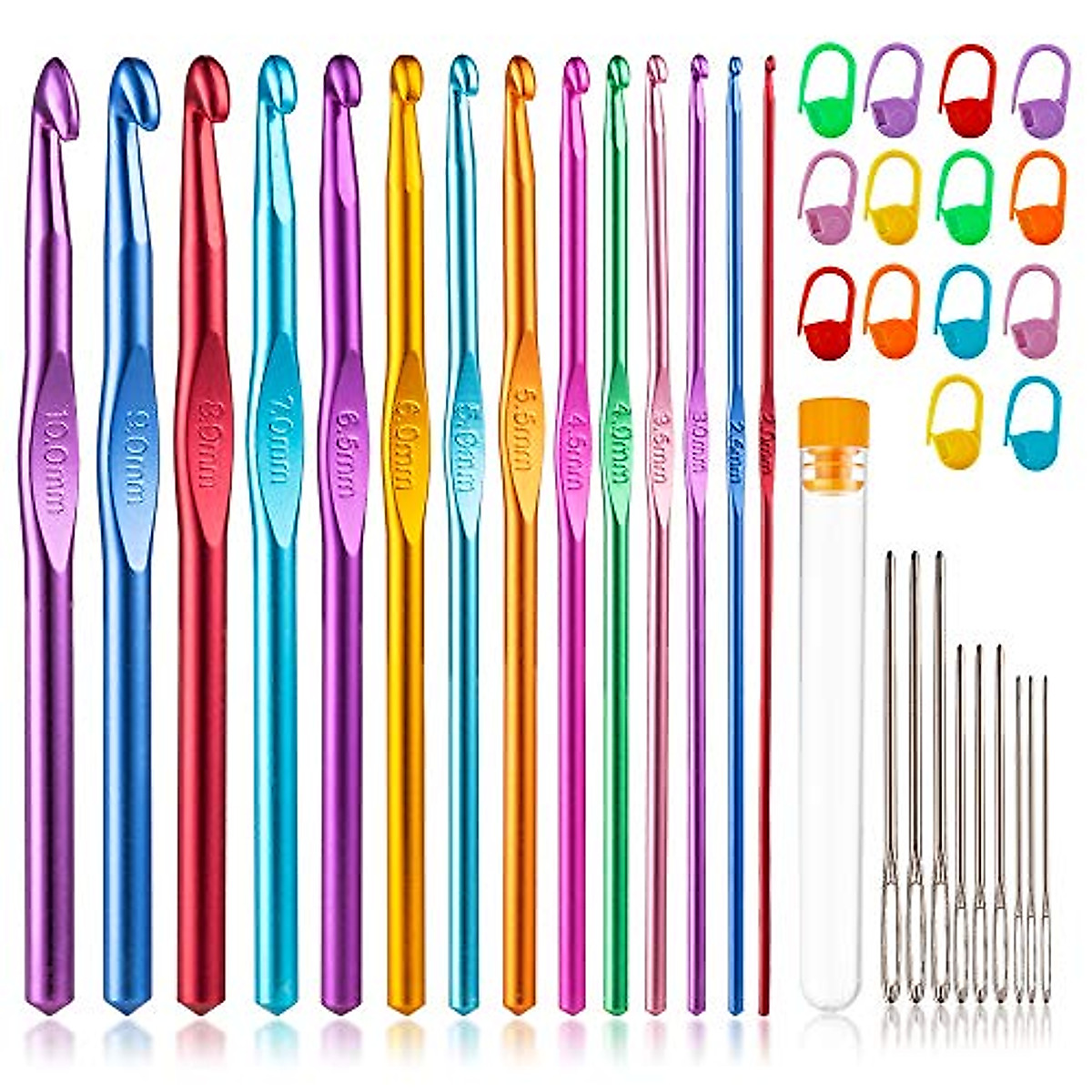 Vodiye 37 PCS Crochet Hooks Set, High Quality Coloured Aluminum Ergonomic Handle Crochet, Hook Needles for Arthritic Hands, with Stitch Markers and Large-Eye Blunt Needles