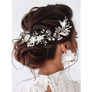 Unicra Bride Flower Wedding Hair Vine Leaf Silver Bridal Hair Piece Pearls Hair Accessories for Women and Girls