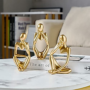 FJS Gold Decor Thinker Statue Abstract Art Sculpture, Set of 3 Golden Resin Collectible Figurines for Home Living Room Office Shelf Decoration