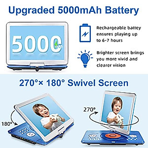 JEKERO 16.9" Portable DVD Player with 14.1" Large Swivel Screen, DVD Player Portable with 6 Hrs Rechargeable Battery, Mobile DVD Player for Kids, Sync TV, Support USB SD Card with Car Charger (Blue)