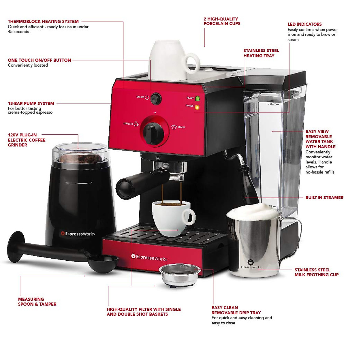 EspressoWorks All-In-One Espresso Machine with Milk Frother 7-Piece Set - Cappuccino Maker Includes Grinder, Frothing Pitcher, Cups, Spoon and Tamper - Coffee Gifts (Red)