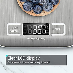 Digital Kitchen Scale,Food Scale for Meat Baking Weight,Unit Gram OZ lb Up 11 lb(1g-5KG),Silver Stainless Steel Anti-Fingerprint with Accuracy LCD Display for Cooking Black(Include AAA Battery)