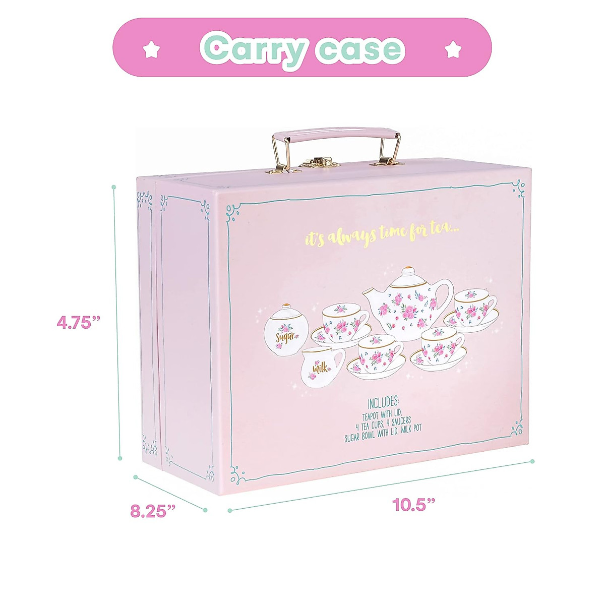 Jewelkeeper Tea Set for Little Girls - 13 pcs. Porcelain Tea set for kids Tea Time includes Teapot, 4 Tea Cup and saucers, creamer and sugar bowl. Floral design with Pink Roses tea party set