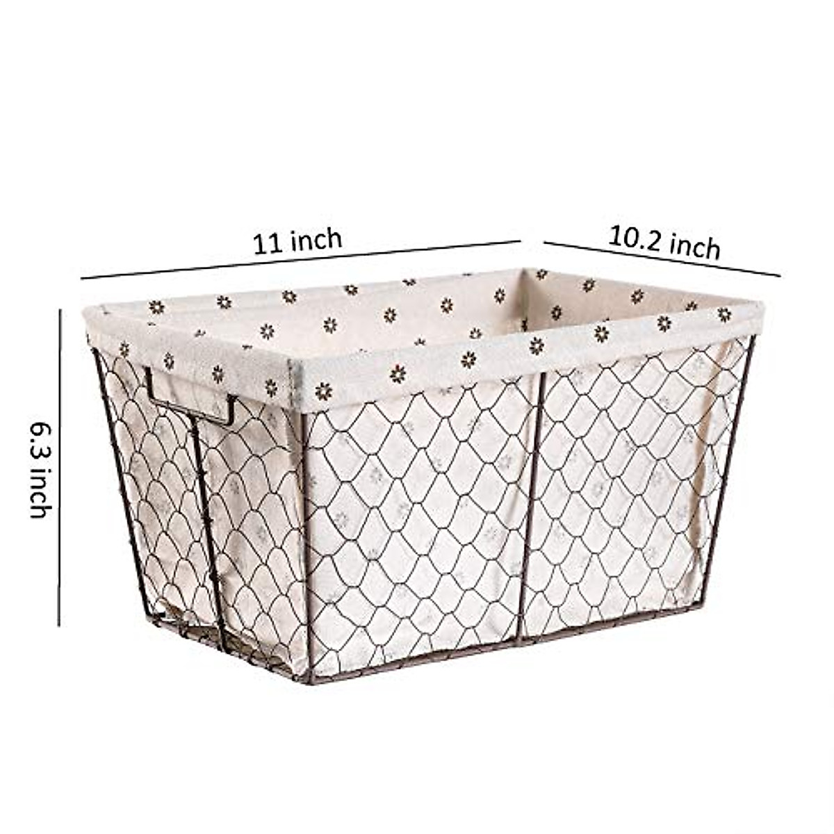 Motifeur Metal Farmhouse Storage Baskets With Removable Liner (Set of 3, White with Floral Pattern) (Small-3 Pack)