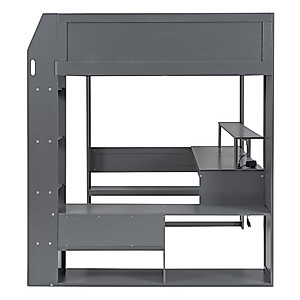 Merax Loft Bed Full Size with Gaming Desk, Mulfunctional Wood Loft Bed with Storage Shelves, Drawer and Charging Station, for Teens Adults (Dark Grey)