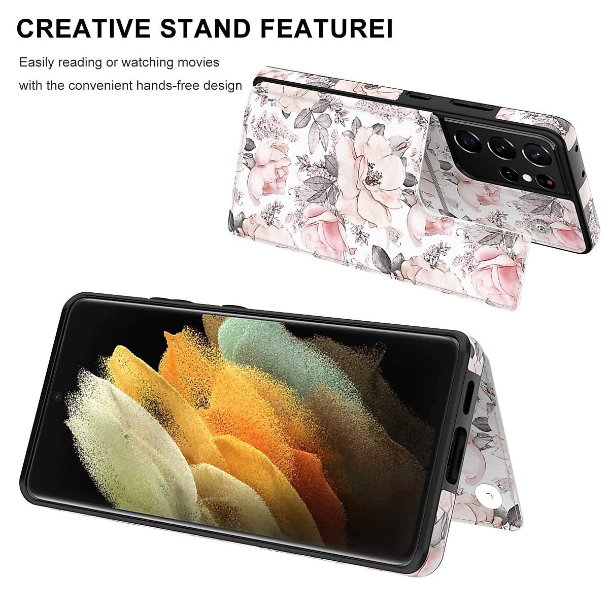 LETO Galaxy S21 Ultra Case,Luxury Flip Folio Leather Wallet Case Cover with Fashion Designs for Girls Women,Card Slots Protective Phone Case 6.8" Champagne Flowers