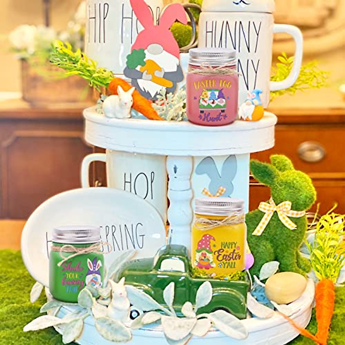 Easter Mini Mason Jar Spring Easter Tiered Tray Decor Easter Bunny Gnome Table Sign Farmhouse Tiered Tray Decor Easter Egg Hunt Rustic Table Decoration for Home Kitchen Tray Counter Gift Idea Set of 3
