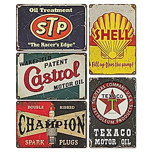 Vintage Garage Signs Room Decor 5PCS, PVC Made Waterproof Garage Decor Signs for Men, Duplex Printed Retro Wall Decor, Fade & Bend Resistant Old Car Shop Posters Oil and Gas Station Signs, 8x12 Inches