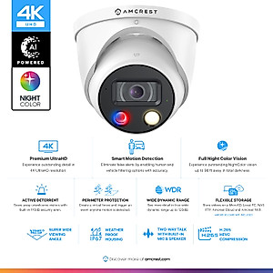 Amcrest UltraHD 4K (8MP) IP POE AI Camera, 4K @30fps, 98ft Night Color Vision F1.0, Security Outdoor Turret Camera, Vehicle & Human Detection, Active Deterrents, Built in Microphone, IP8M-DT3949EW-3AI