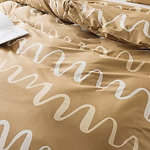 Lemfux 100% Cotton Geometric Pattern Light Brown Duvet Cover Set, Curve Print Modern Abstract Soft Comforter Cover Set with Metal Zippers, Luxury Neutral Designer Bedding Set, Full Size, 3Pcs
