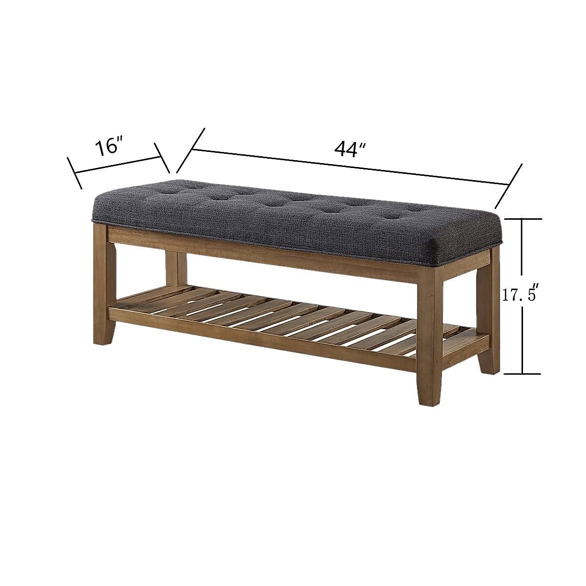 24KF Large Rectangular Upholstered Tufted Linen Fabric Ottoman Bench, Padded Bench with Solid Wood Shelf-Charcoal