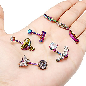 14G Belly Button Rings Belly Rings for Women Stainless Steel CZ Belly Piercing Jewelry Surgical Steel Clicker Belly Button rings Curved Navel Ring Barbell Body Jewelry Piercing Rainbow 7Pcs 10MM