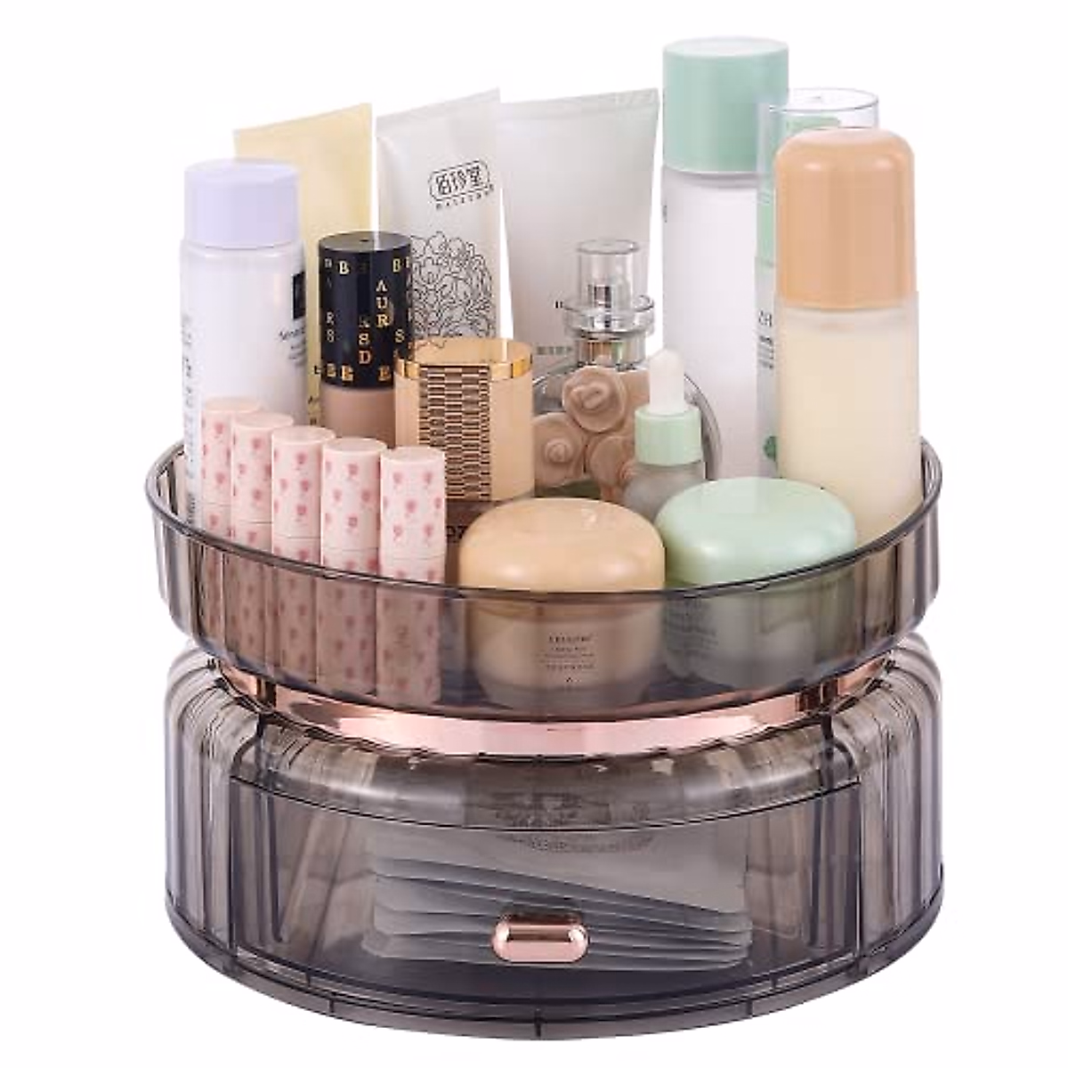 Cq acrylic 360 Rotating Makeup Organizer for Vanity,Bathroom Countertop Organizer Spinning Organizer with Drawer,Large Capacity Cosmetics Storage Box Skin Care Organizers for Bedroom Vanity Desk,Grey
