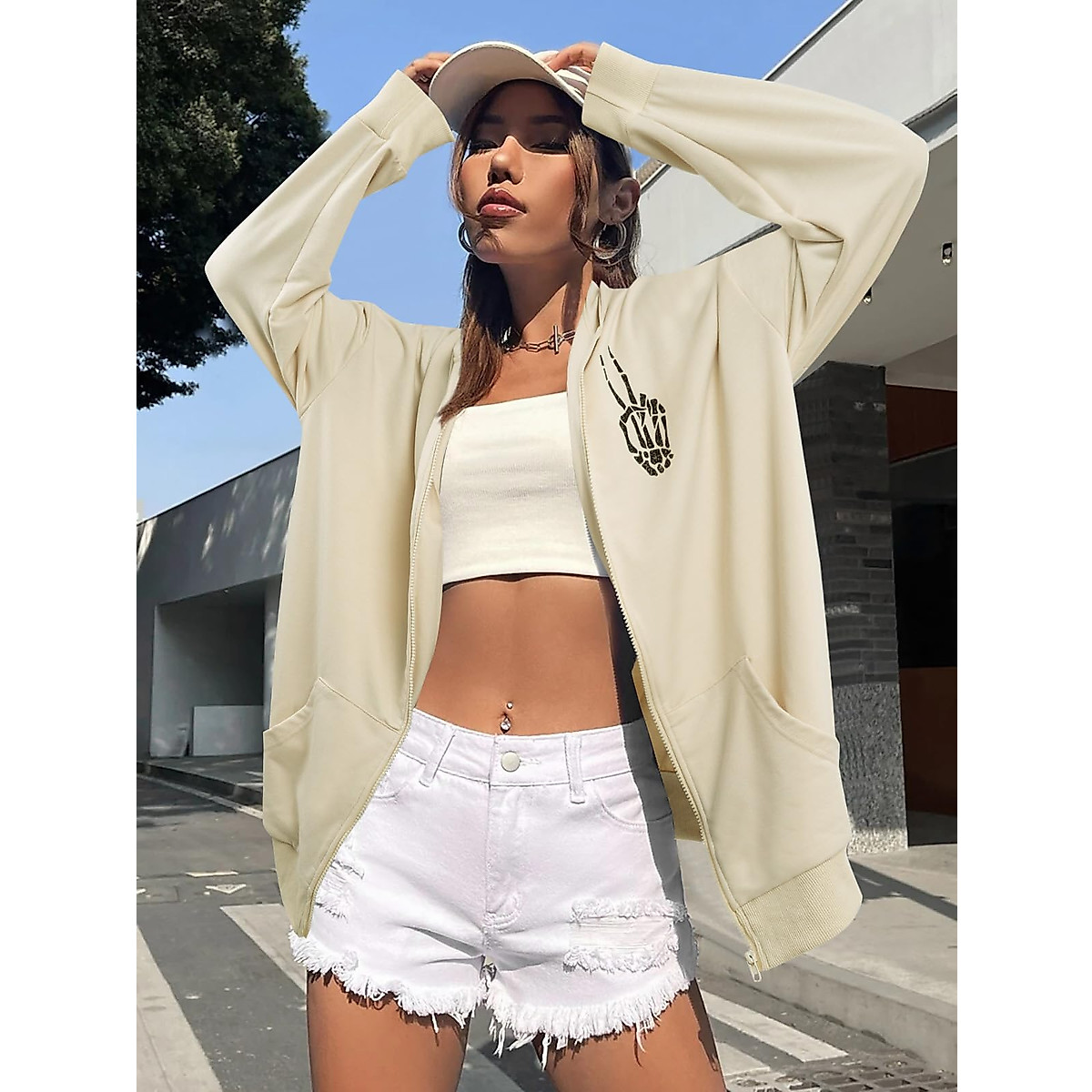 LOTUCY Have The Day You Deserve Zip Up Hoodies Women Oversized Skeleton Peace Sweatshirt Vintage Y2K Jacket Apricot