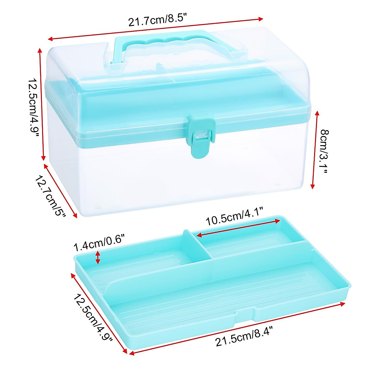 BTSKY Multipurpose Plastic Craft Storage Containers with Removable Tray, Clear Plastic Storage Box with Lid & Handle, Easy Carry & Stack Small Storage Container, 8.5x5x4.9 Inch, Rectangle-Blue