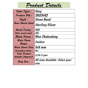 Blue Chalcedony Gemstone Silver Band Ring Solid 925 Sterling Silver Ring Handmade for Women by Goyal Exports SRG348J (US-11.5)