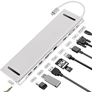 USB Type C Hub, Tsemy USB C Docking Station 10-in-1 with 4K HDTV Port RJ45 Ethernet, 3 USB Ports, SD/TF Cards Reader, PD USB-C Charging Port, Audio/Mic for MaBook/Pro/Air, Type C Windos Laptops