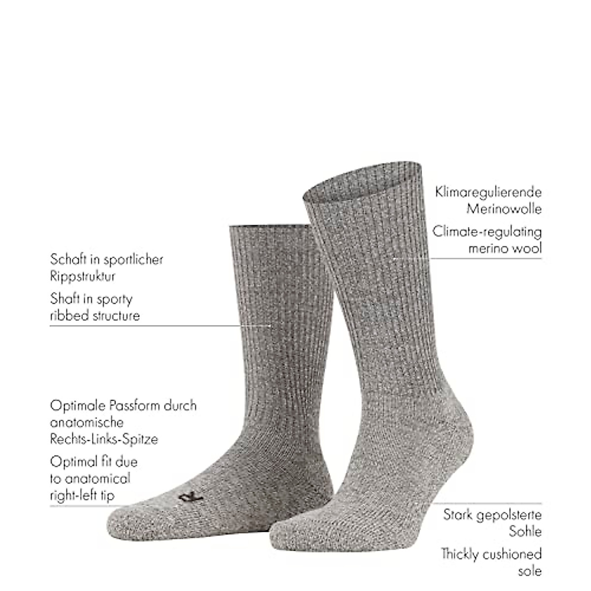 FALKE Unisex Walkie Ergo Socks, Crew Length, Thick Sole, Hiking Sock, Breathable, Moisture-Wicking, Merino Wool, Black (Black 3000), 12.5-13.5, 1 Pair