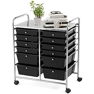 ReunionG 12-Drawer Storage Cart, Rolling Organizer with 4 Large & 8 Small Drawers, Steel Frame, Black