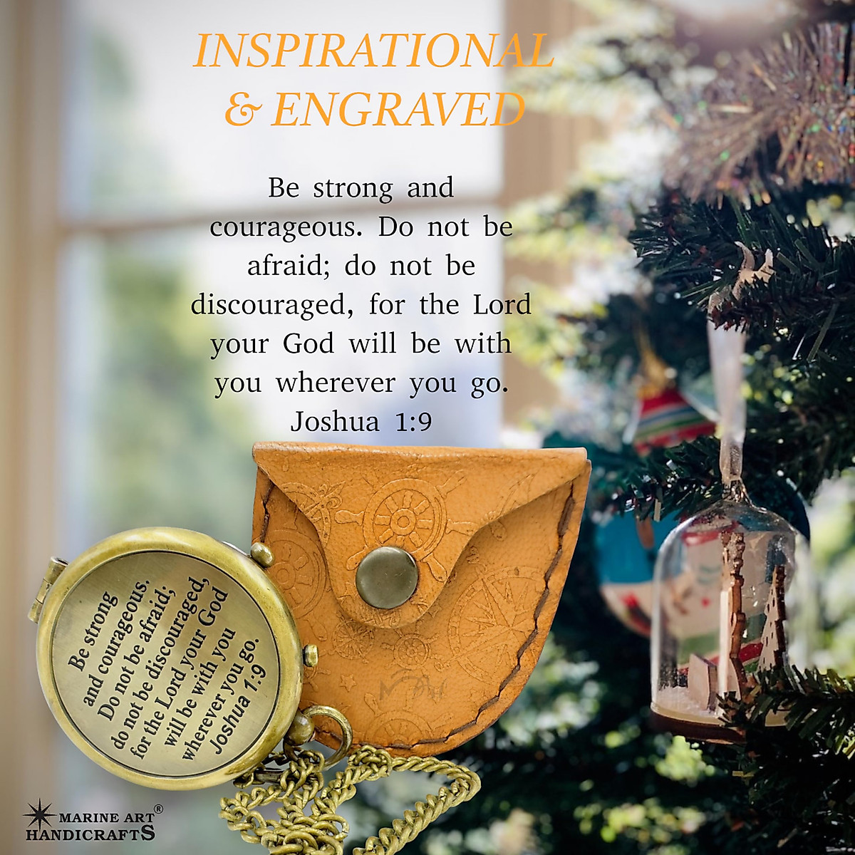 MAH Be Strong and Courageous Brass Religious Compass Gift Confirmation Baptism Easter Christian Catholic Graduation Trekking Adventure Engraved Scripture Prayer Gift for Men Women Teenage Boys Girls