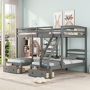 Harper & Bright Designs Triple Bunk Beds with Drawers and Guardrails,Full Over Twin & Twin Bunk Bed with Storage, Wooden Triple Bunk for Kids, Teens,Girls Boys (Gray with Drawers)