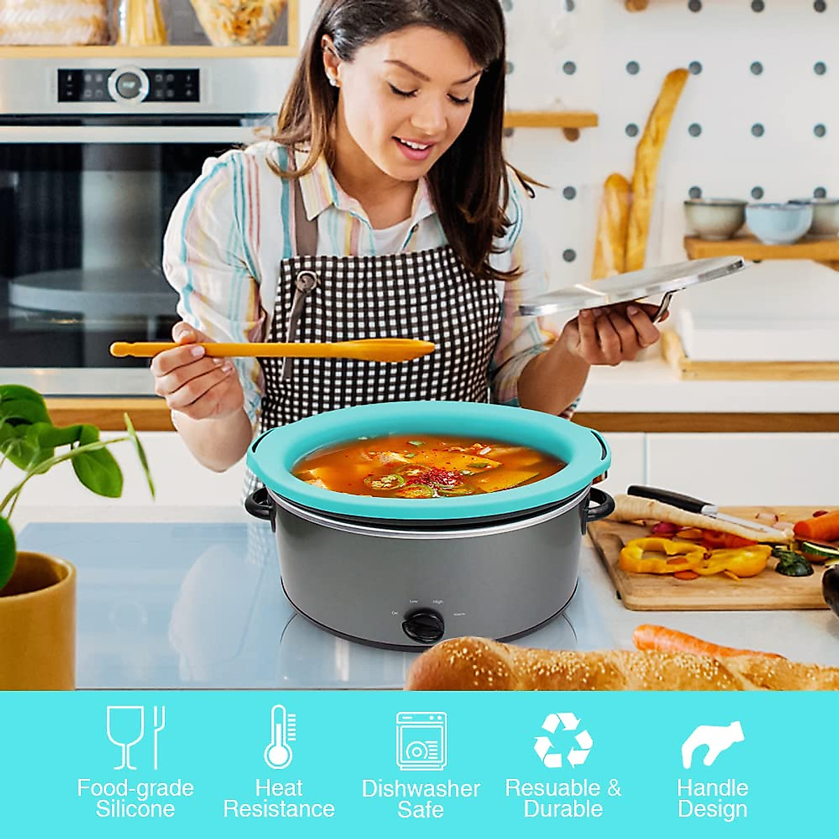 ChefAid Slow Cooker Liners, 100% Silicone Reusable Crock Pot Insert Accessories for 6-8 Oval or Round Quart Slow Cookers, Food Safe & Dishwasher Safe (Grey-Mint)