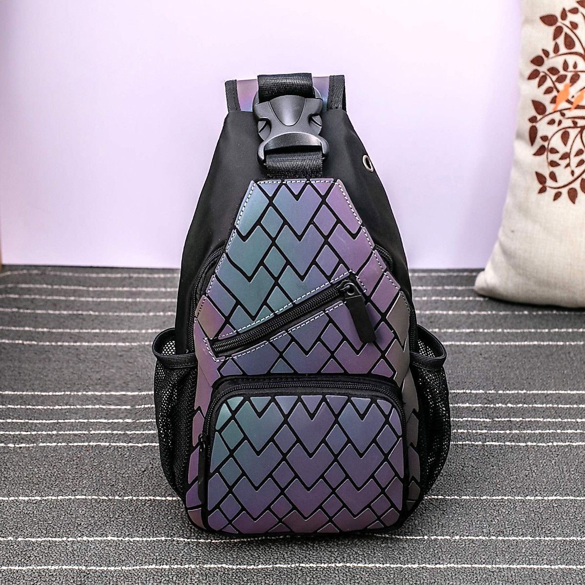 FZChenrry Luminous Geometric Backpack Women Holographic Reflective Bags and Crossbody Bag Iridescent Backpack Lumikay (No.19011-03)