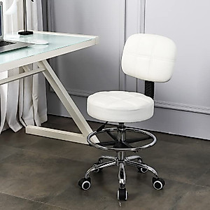 KKTONER Swivel Round Rolling Stool PU Leather with Adjustable Foot Rest Height Adjustable Task Work Drafting Chair with Back(White)