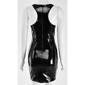 Rozegaga Womens Sexy Scoop Neck Thick Shoulder Latex Mini Party Dresses Black Large