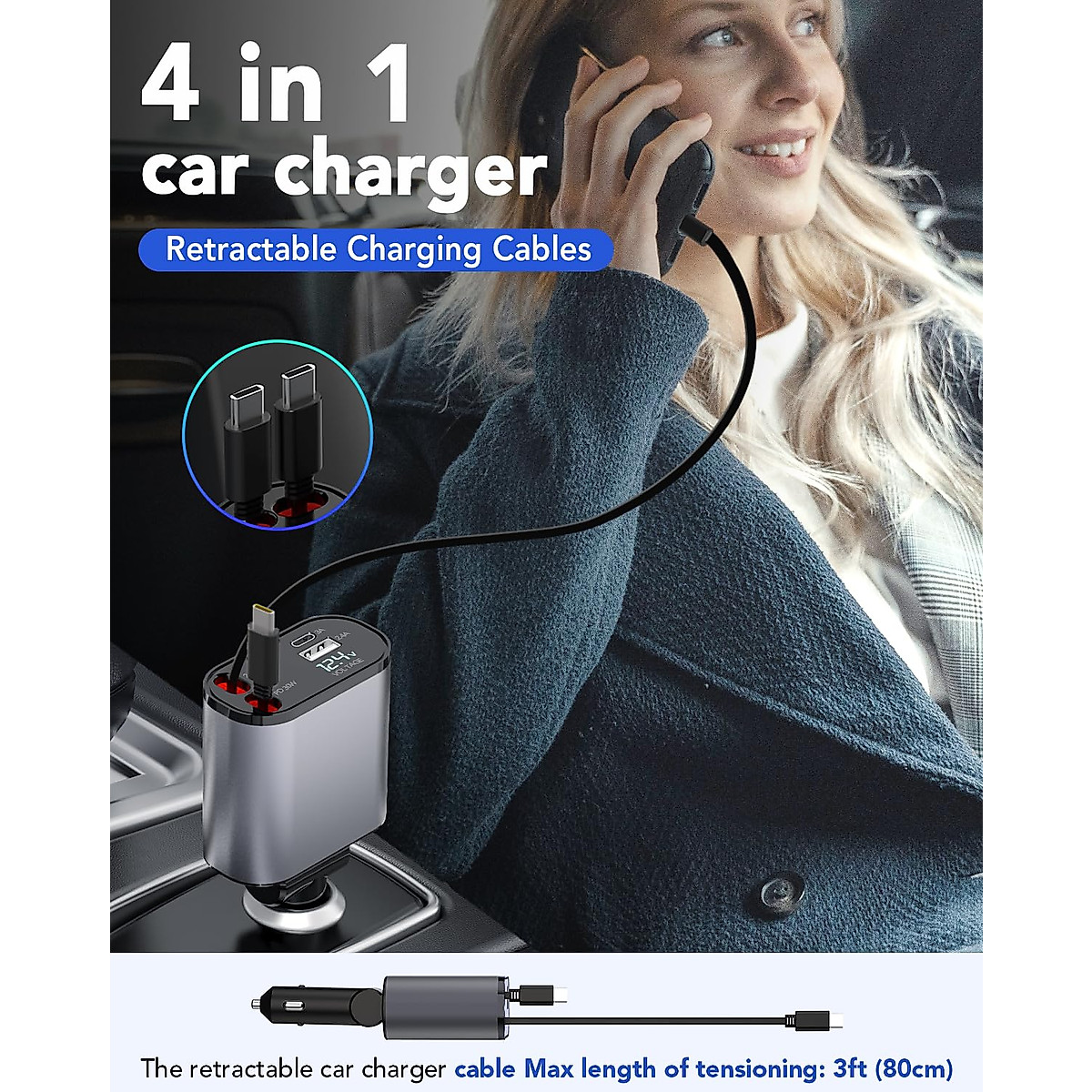 Retractable Car Charger, 4 in 1 Fast Car Phone Charger 66W, 2 Retractable Cables and USB Car Charger, USB C Car Charger for iPhone 15/14/13/12/11, Galaxy,Pixel