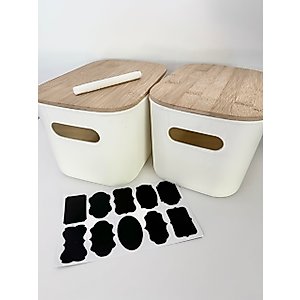 Plastic Stackable Storage Bins with Bamboo Lid 2 PCS and 10 Sticker Labels and one Chalk Pen -Storage Containers-Storage Basket for Organizing-Playroom Classroom Organization
