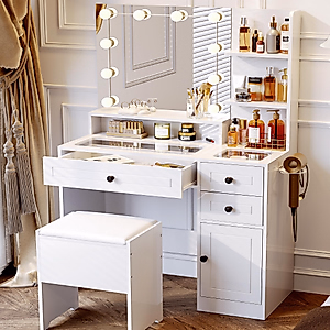 Spurgehom Makeup Vanity Desk with Mirror and Lights White Vanity Set with Drawers and Stool 37" Glass Top Dressing Table Shelves and Storage Cabinet 3 Lighting Modes Brightness Adjustable for Bedroom