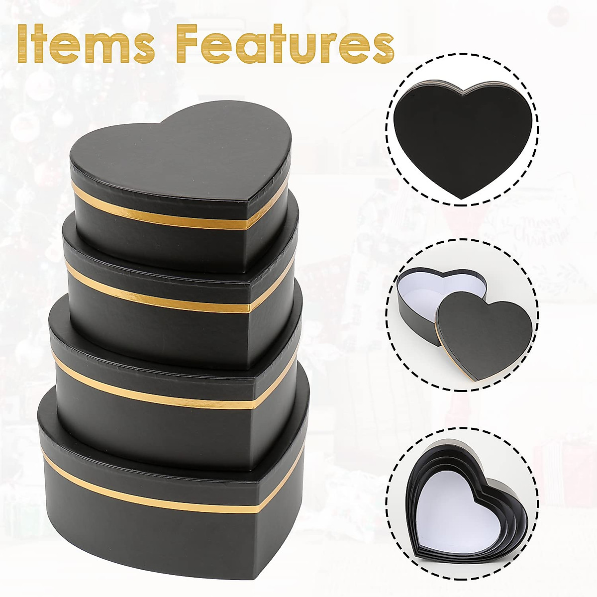 Oairse Black Gift Boxes with Lids for Present Heart Shaped Flower Boxes for Arrangements Set of 4 Floral Gift Boxes for Bridesmaid, Proposal, Wedding, Birthday, Baby Showers