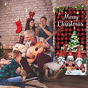 Tiamon Christmas Gnome Door Cover Xmas Red Truck Buffalo Plaid Door Cover Banner Merry Christmas Backdrop Door Cover Decoration for Winter Holiday Party Supplies, 70.9 x 35.4 Inches