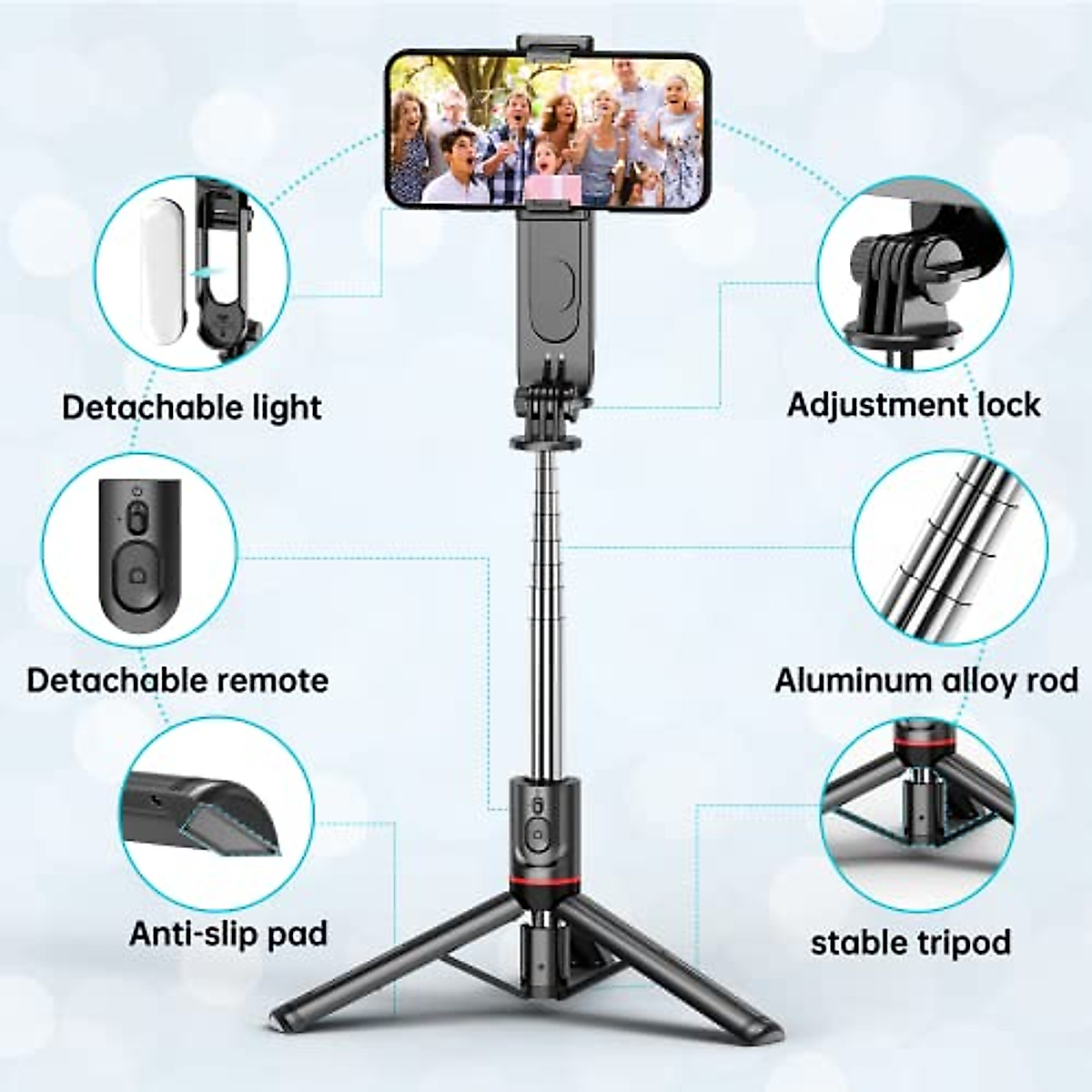 Stable Selfie Stick Tripod with Fill Light, 44 Inch Extendable Selfie Stick with Wireless Remote and Tripod Stand 360 Rotation for iPhone 13/12/11 Pro/XS Max/XS/XR/X/8/7, Samsung and Smartphone