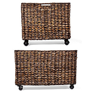 BIRDROCK HOME Rolling Storage and Recycling Bin - Brown Wash - Handwoven - Divided Decorative Cart - Kitchen - Paper Cans Glass Plastic Sorter - Toy Blanket Storage