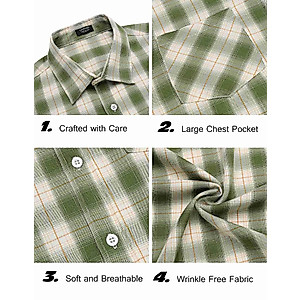 COOFANDY Men's Short Sleeve Plaid Dress Shirt Classic Fit Wrinkle-Free Casual Button Down Checked Shirts with Pocket Green, Large