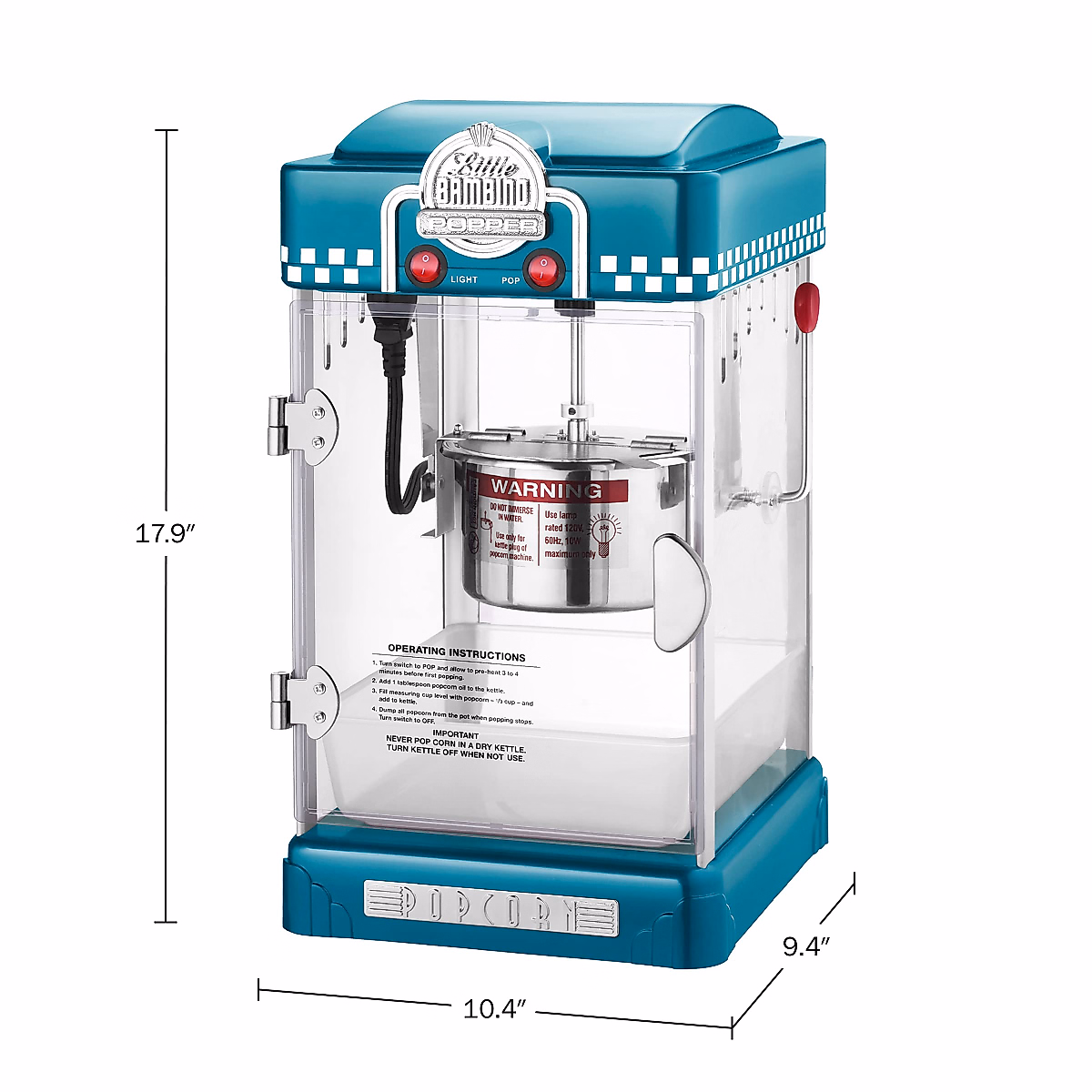 Little Bambino Popcorn Machine - 2.5oz Tabletop Movie Theater Popcorn Popper with Stainless-Steel Kettle by Great Northern Popcorn (Blue)