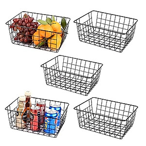 5PCS Wire Storage Baskets, Premium Metal Storage Organizer Basket, Small Size Metal Baskets for Home Office Kitchen, Black