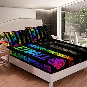 Basketball Boys Bedding Set Twin Size,Ball Sports Games Rainbow Stripes Fitted Sheet for Kids Boys Bedroom,Green Camo Stars American Flag Microfiber Soft Bed Cover,1 Pillow Case