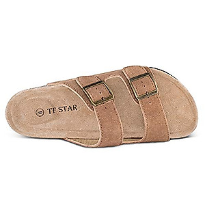 TF STAR Men’s Cow Suede Leather Slide Sandals,2-Strap Adjustable Buckle,Casual Slippers, Slide Cork Footbed shoes