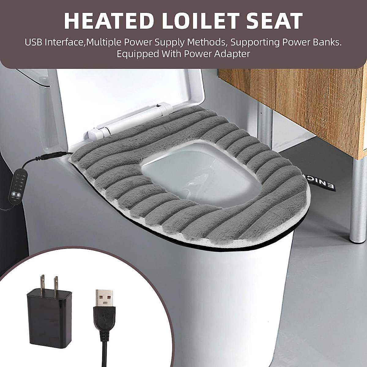 Heated Toilet Seat Cover,USB Powered Toilet Seat Warmer with Charger,5-Speed Adjustable Temperature and Timing Function,Levels Toilet Seat Cover with Soft Plush Fabric,Easy To Clean and Installation