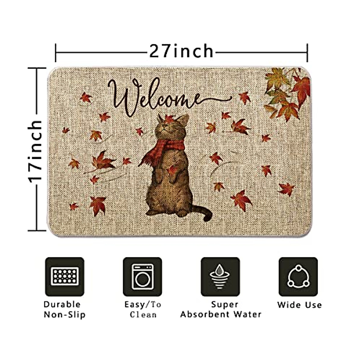 GAGEC Fall Welcome Door Mat Cat Outdoor Rug Maple Leaf Doormat Entrance Rugs Autumn Farmhouse Home Kitchen Bathroom Decorations Floor Front Door Mats 17 x 27 Inch